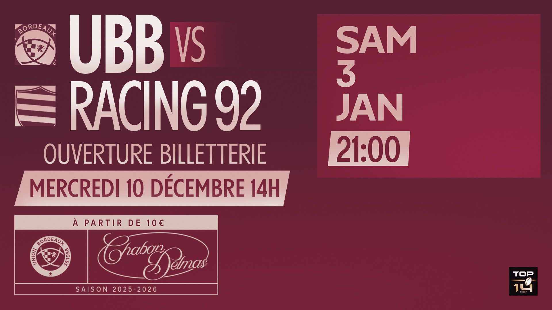 Ouverture billetterie ce mercredi à 14h00 pour UBB-Racing 92 et UBB ...