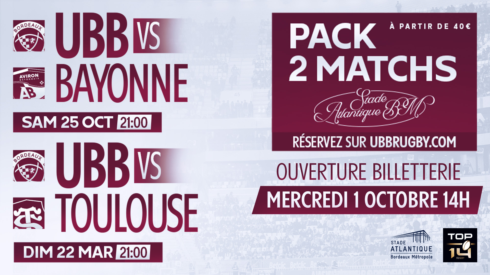 Ouverture billetterie ce mercredi 1er octobre pour UBB-Bayonne et UBB ...
