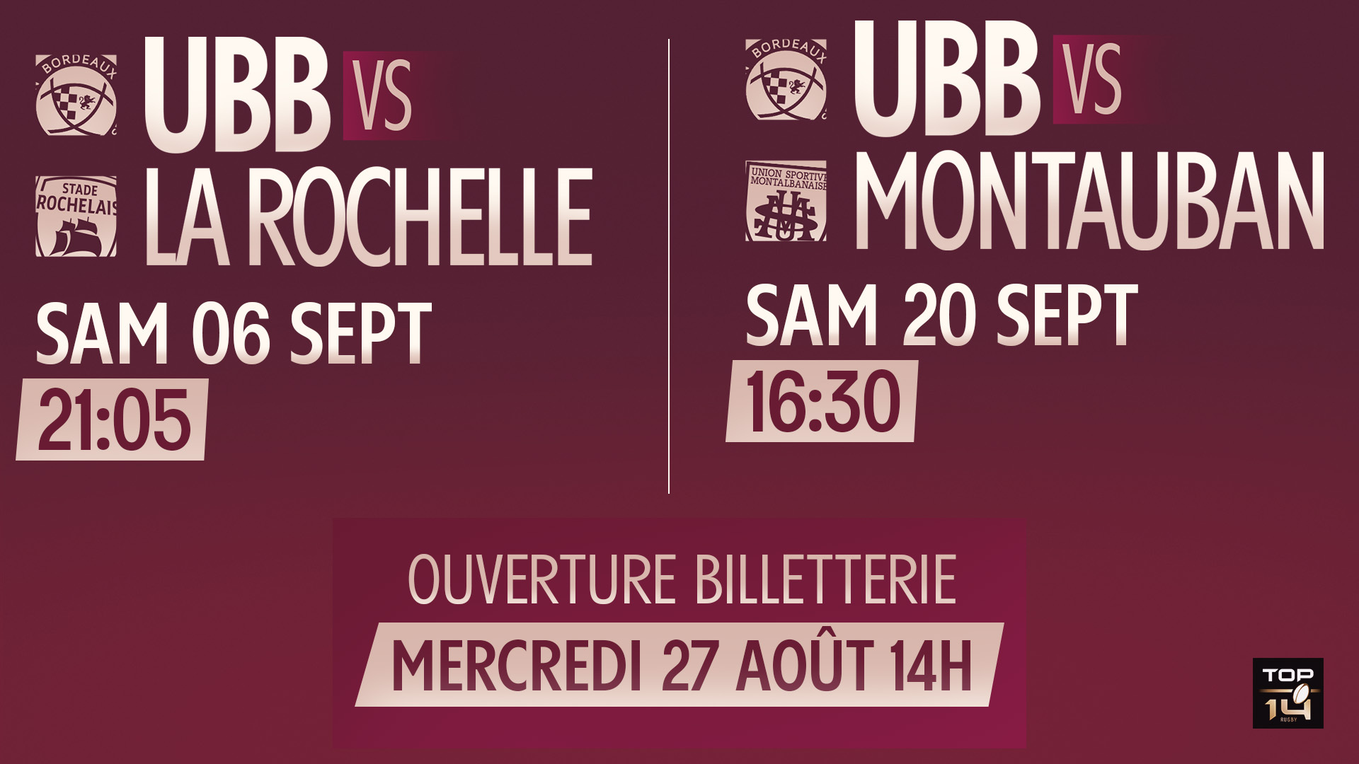 Billetterie ouverte pour UBB-La Rochelle et UBB-Montauban ...